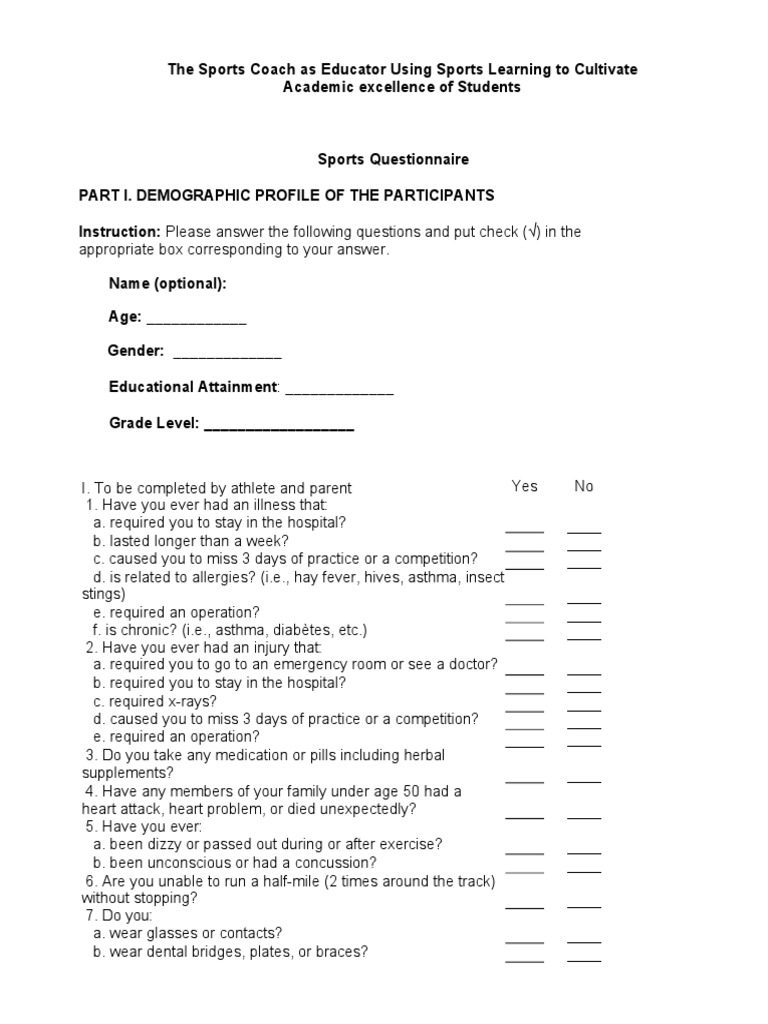 Sports Questionnaire | PDF | Medicine | Medical Specialties