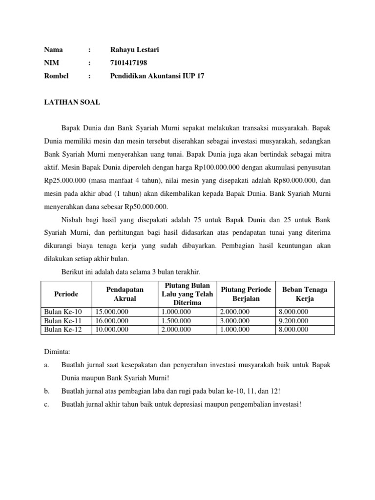 Latihan Soal Akuntansi Musyarakah | PDF
