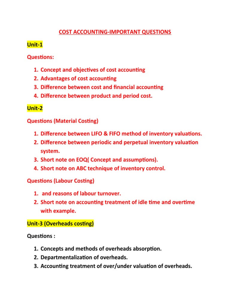 Cost Accounting Important Questions | PDF