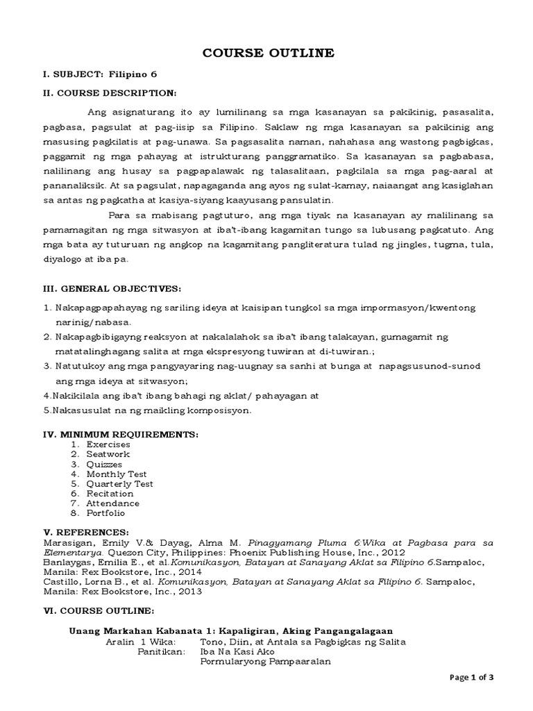 Course Outline Filipino 6 | PDF