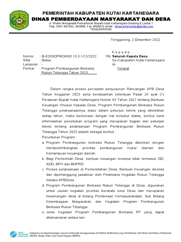 Surat Juknis 50jt PerRT Tahun 2023 - Signed - Signed | PDF