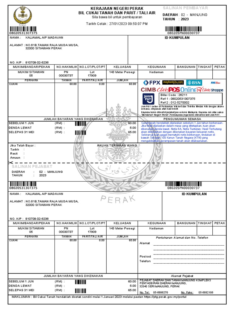 Salinan Pembayar: Kerajaan Negeri Perak Bil Cukai Tanah Dan Parit ...