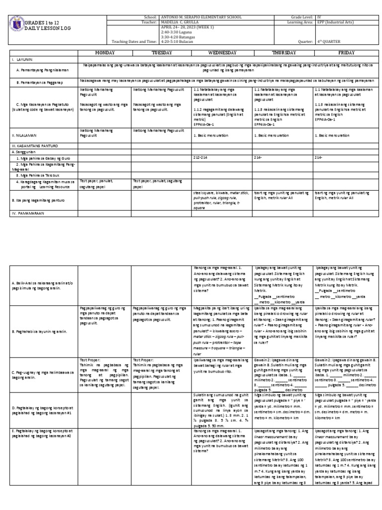 DLL in Epp 4 Q4 W1 April 24 28 | PDF