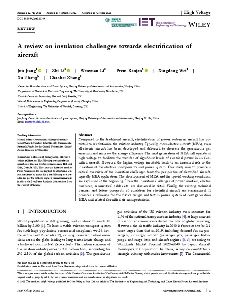 High Voltage - 2023 - Jiang - A Review On Insulation Challenges Towards Electrification of ...