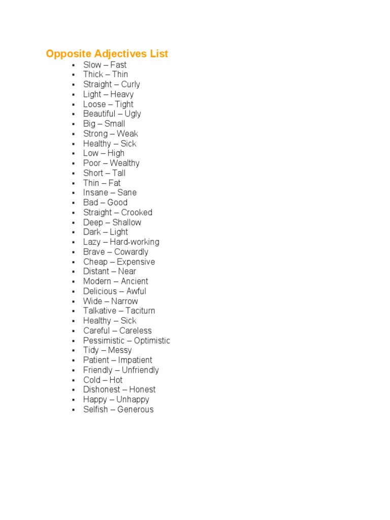 Opposite Adjectives Reference List | PDF