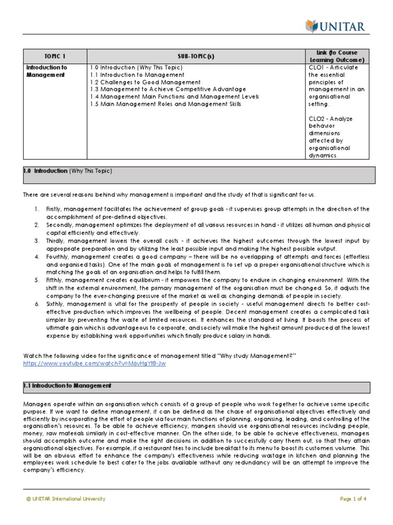 Topic 1 - Introduction To Management | PDF | Competitive Advantage ...