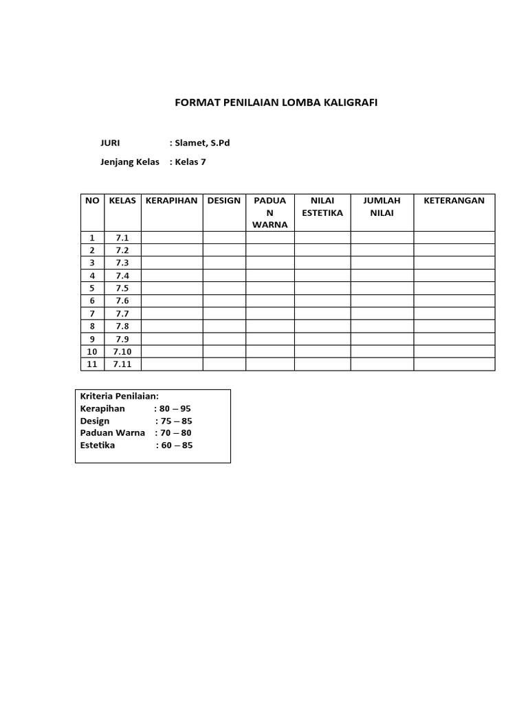 Format Penilaian Lomba Kaligrafi 7 | PDF Format Penilaian Lomba Kaligrafi 7 | PDF