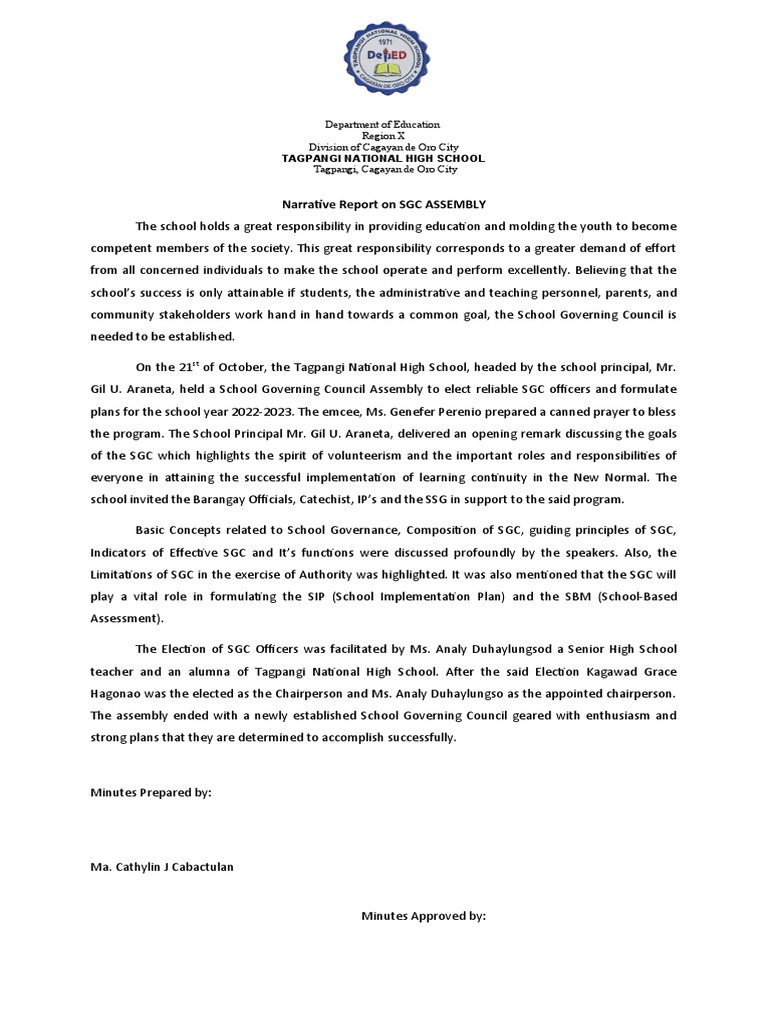 Narrative Report On SGC ASSEMBLY | PDF | Cognition | Learning