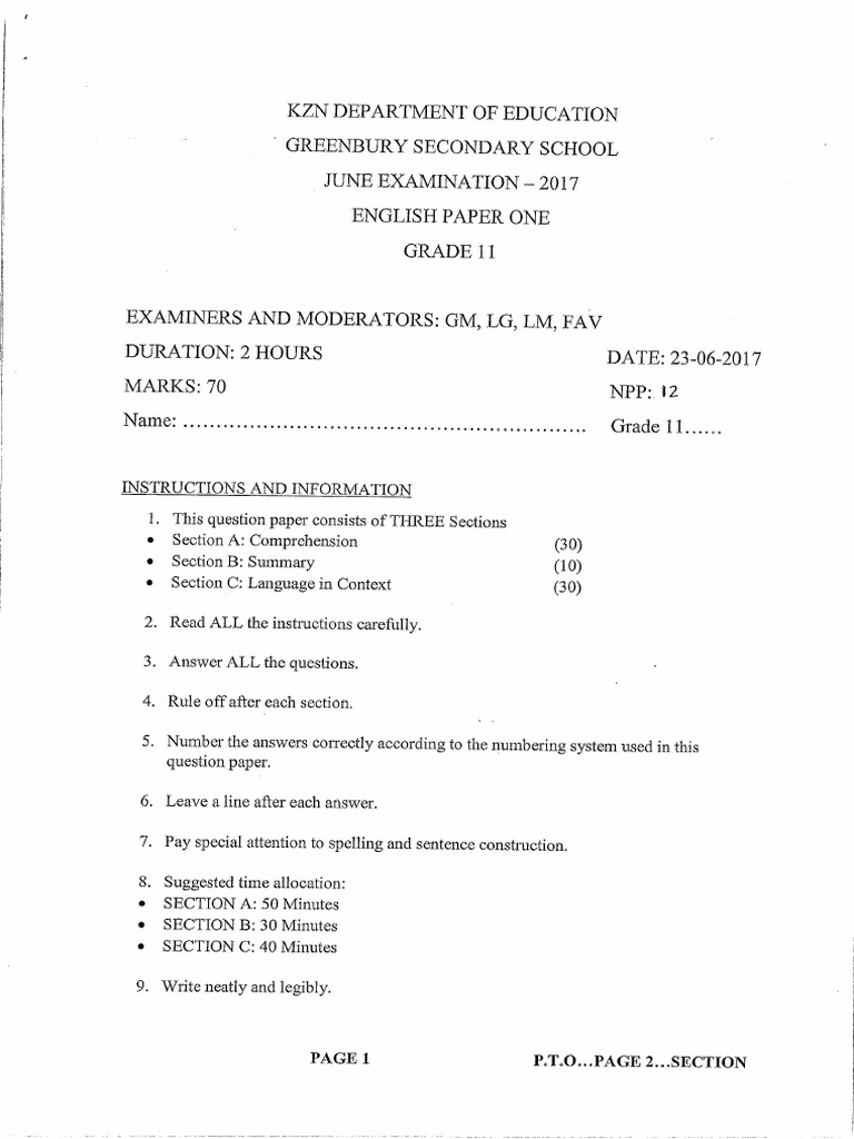 Eng June p1 QP and Memo | PDF