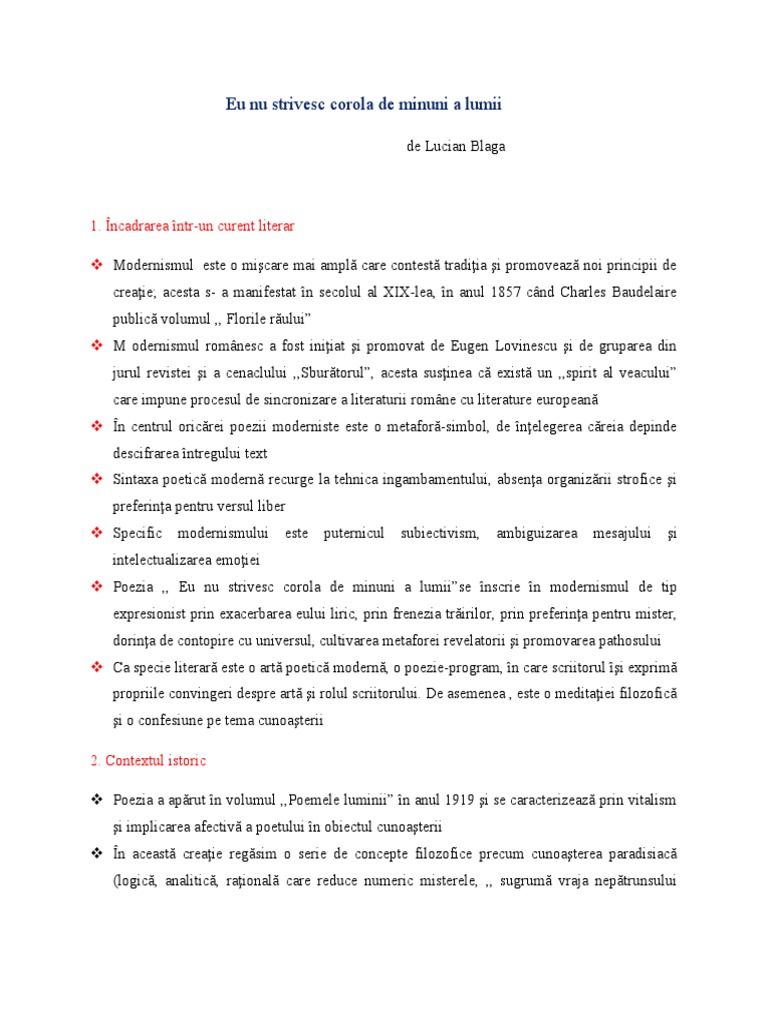 Eu Nu Strivesc Corola de Minuni A Lumii - Eseu Clasa A XII-a | PDF