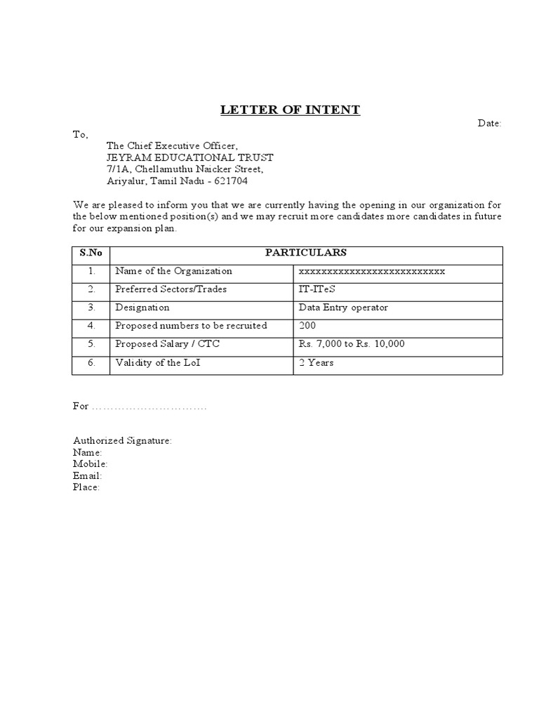 Employment Letter of Intent Template | PDF