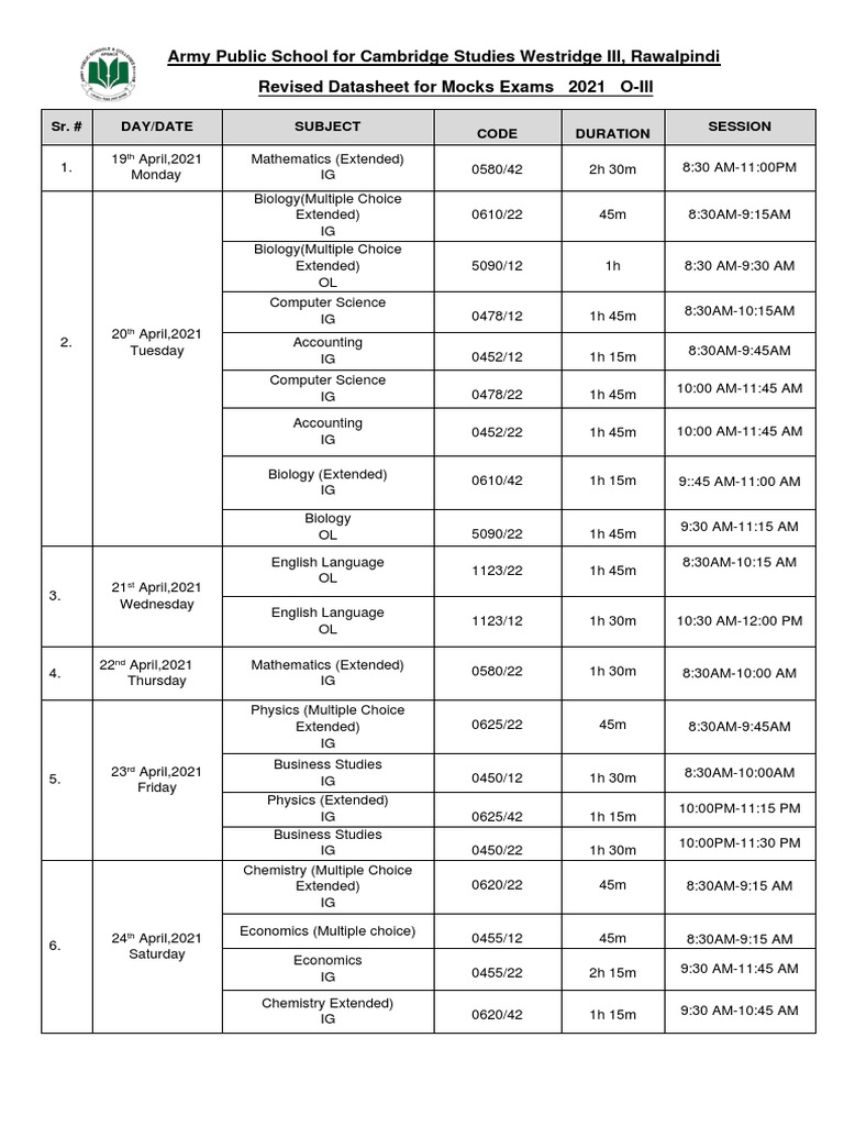 Mock 2 Datesheet O 3 Pdf