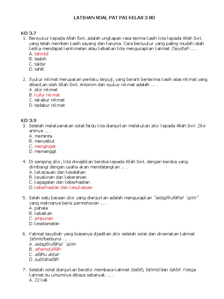 Latihan Soal PAT PAI Kls 3 SD | PDF