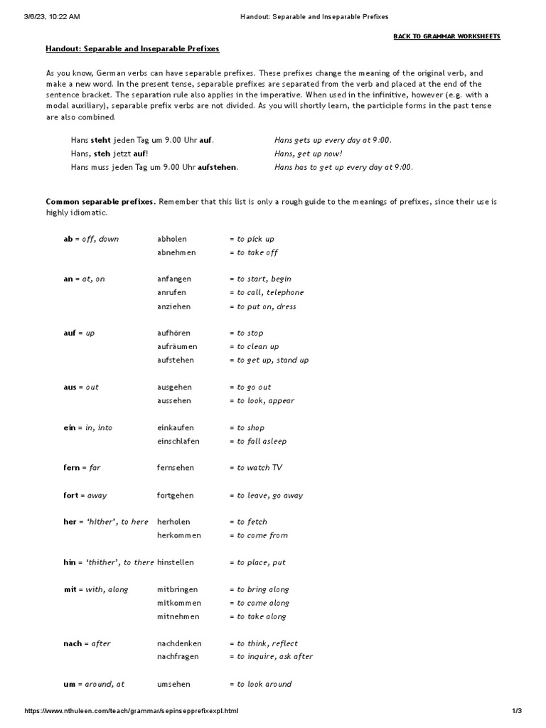 Handout - Separable and Inseparable Prefixes | PDF