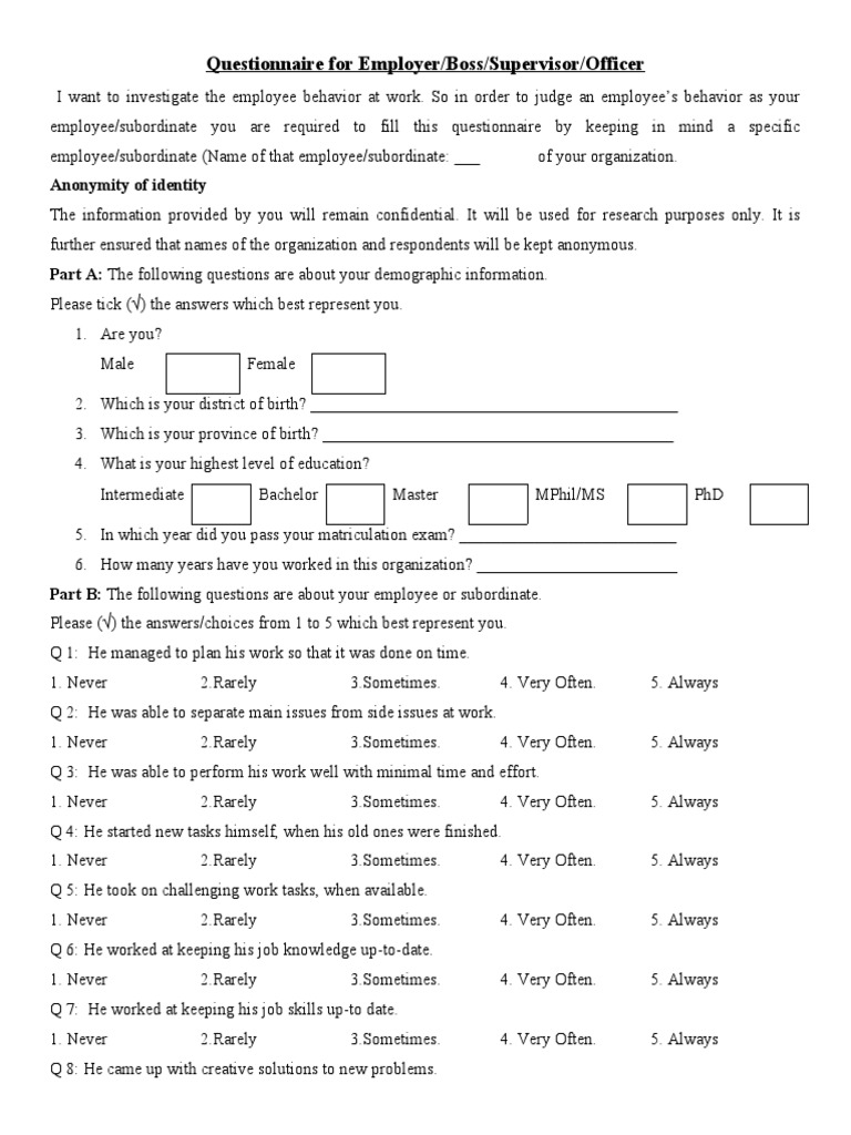 Questionnaire For Boss, Supervisor, Employeer | PDF | Questionnaire | Cognition