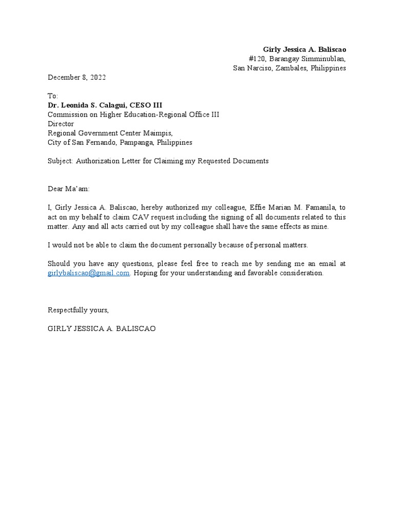 Authorization Letter - For CHED | PDF