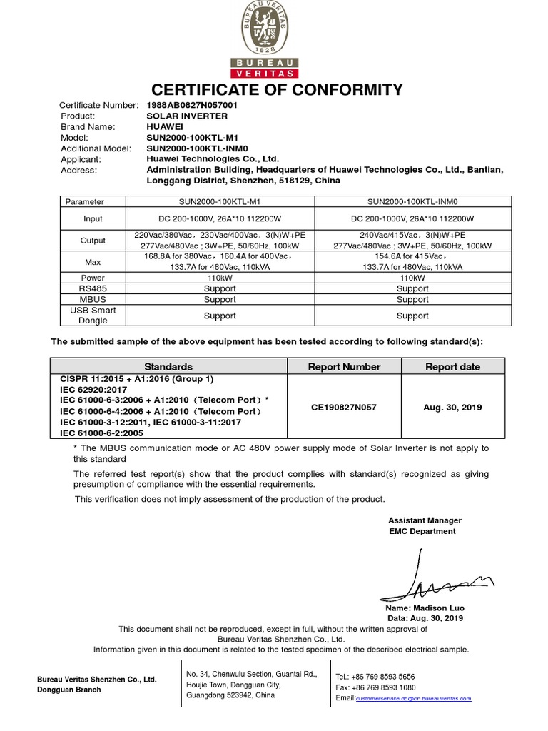 SUN2000-100M1 100INM0 EMC Cert BV | PDF | International ...