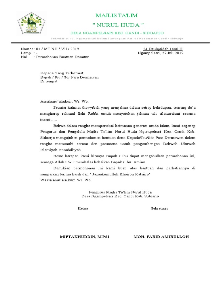 Proposal Untuk Donatur Majlis Ta'lim Nurul Huda | PDF