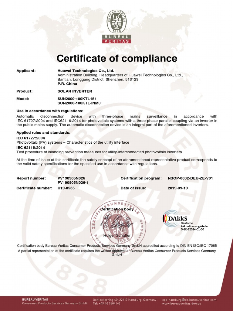 SUN2000-100M1 100INM0 IEC61727 IEC62116 Cert BV | PDF