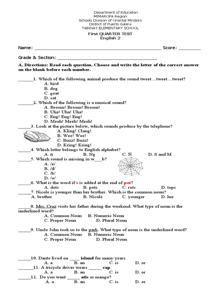 1st Quarter TEST ENGLISH 2 | PDF