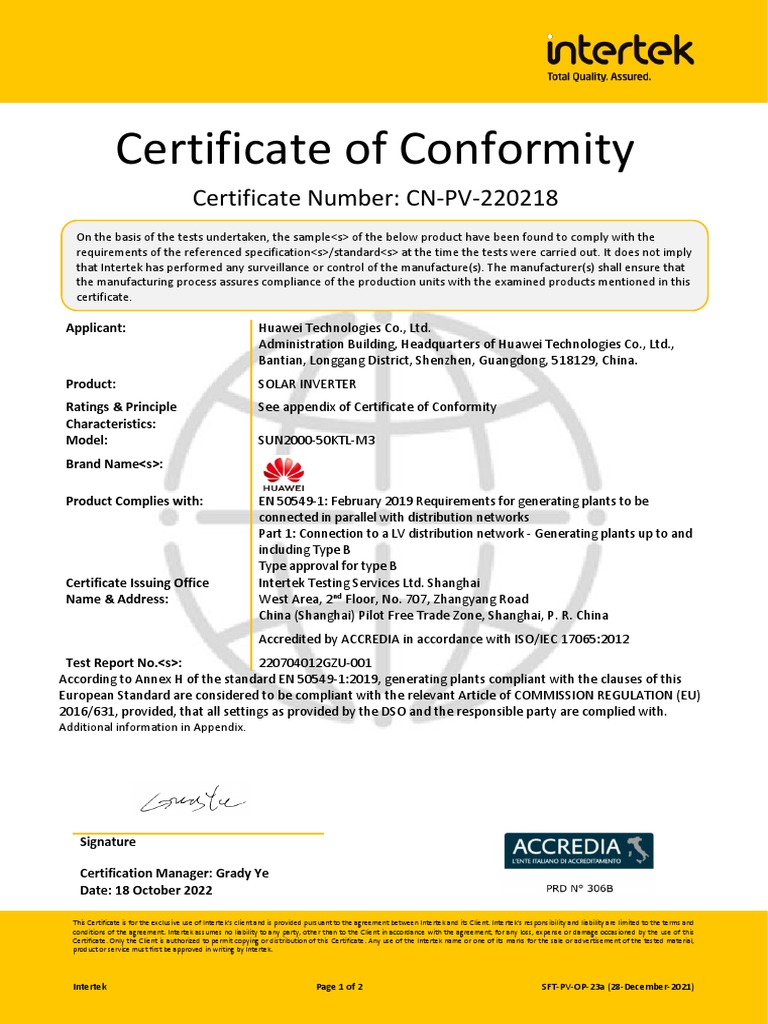 SUN2000-50KTL-M3 EN50549-1 Cert - Intertek - 20221018 | PDF ...