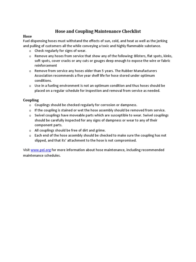 Hose and Coupling Maintenance Checklist | PDF