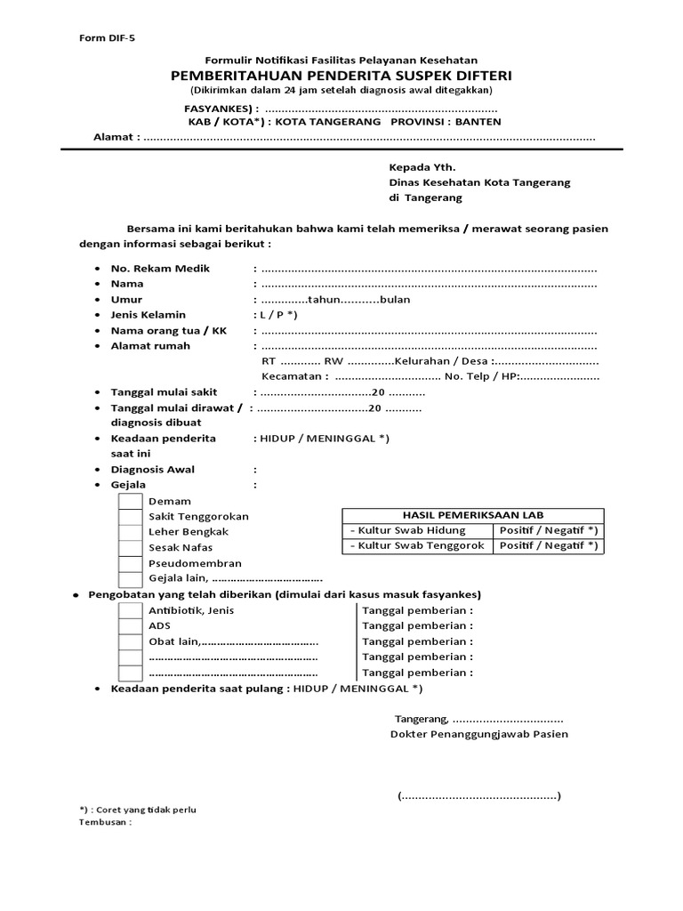 Form DIF-5 - Form Notifikasi Difteri | PDF