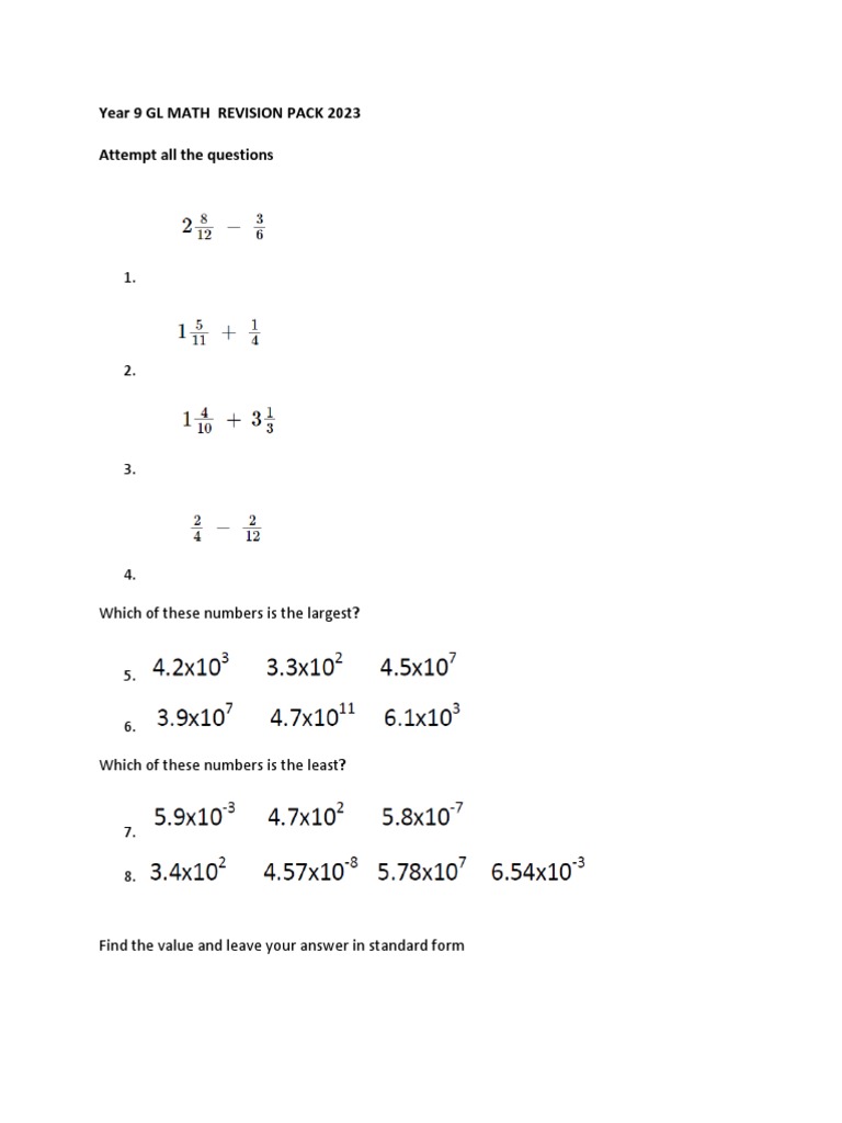 Year 9 GL Math Revision Pack | PDF | Weight | Mathematics