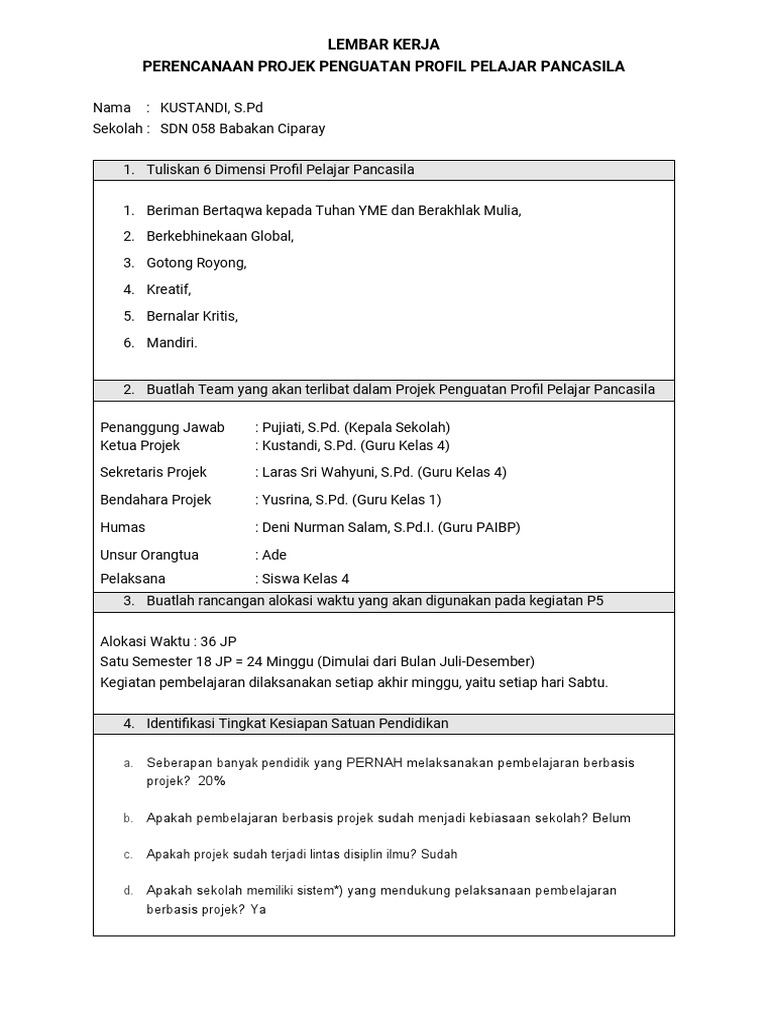 Lembar Kerja Projek P5 Kelas 4 | PDF