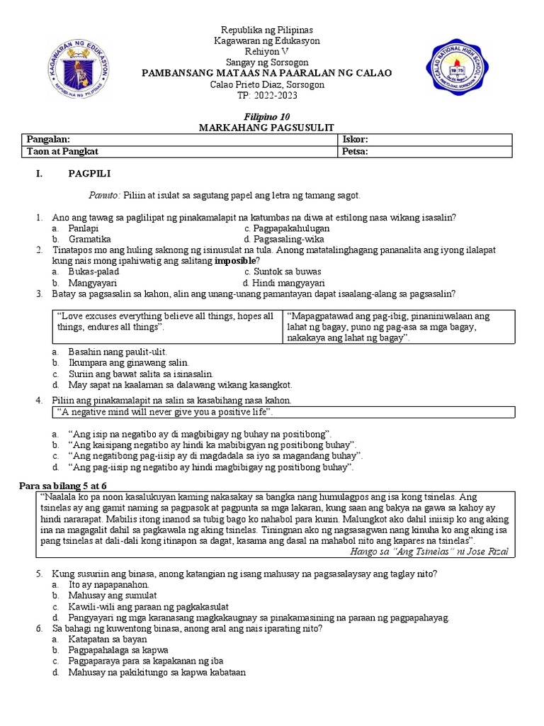 Exam Filipino 10 3rd Q | PDF