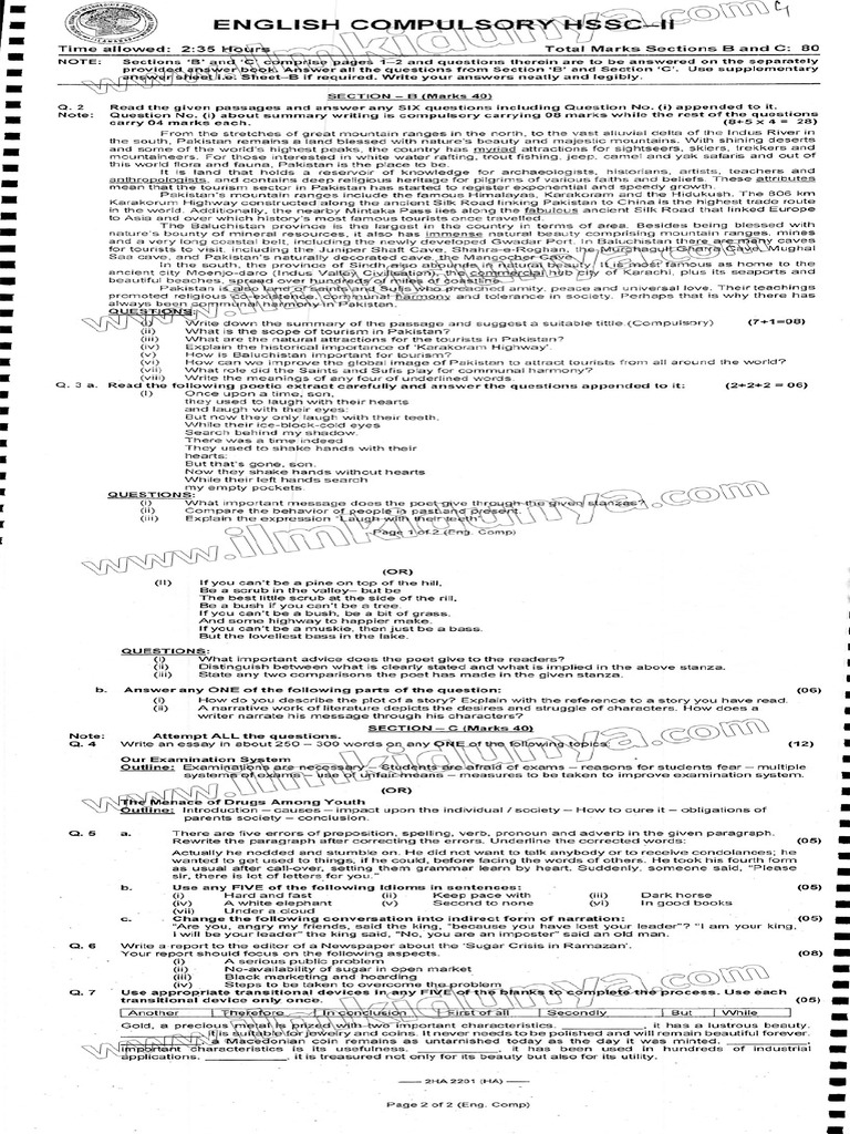 Past Paper 2022 Federal Board Inter Part II English Group I Subjective ...