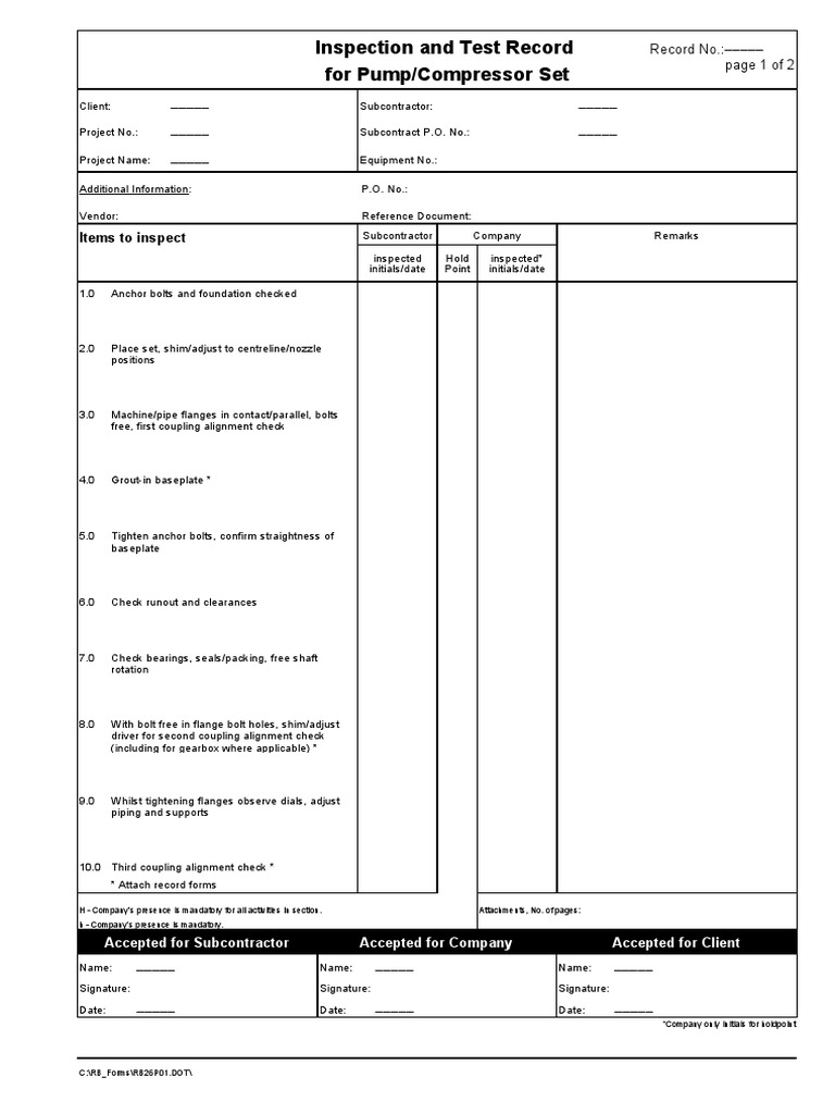 RB26P01-Inspection and Test Record for PumpCompressor | PDF | Pump | Tools