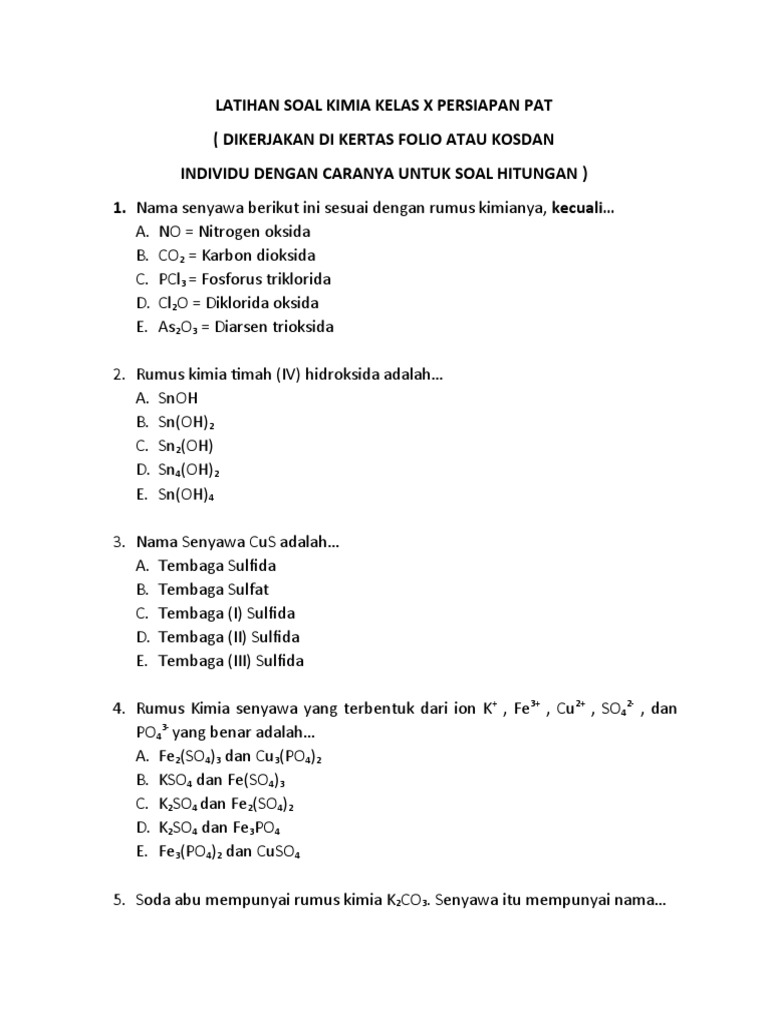 Latihan Soal Kimia Kelas X Persiapan Pat | PDF