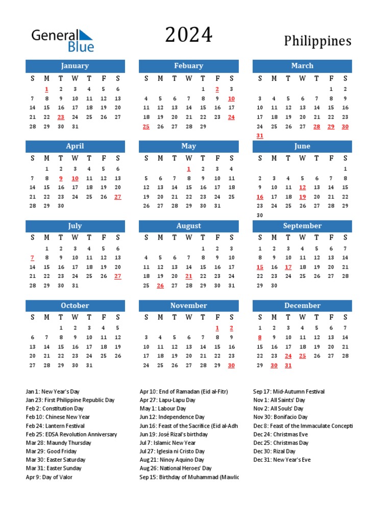 2024 Calendar With Holidays Portrait Sunday Start en PH | PDF ...