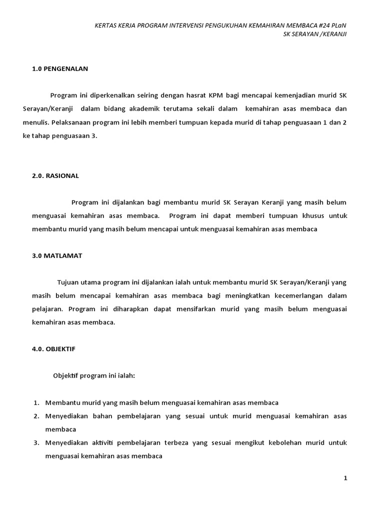 Kertas Kerja Program Intervensi Pengukuhan Kemahiran Membaca | PDF