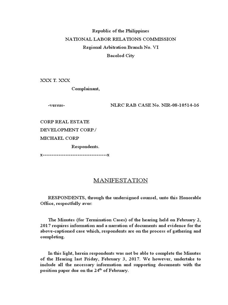 NLRC Manifestation Submission Details | PDF