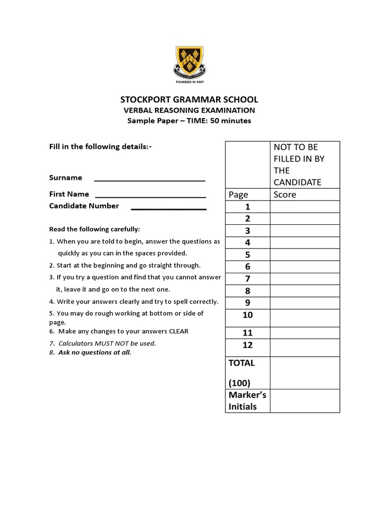 Stockport Grammar School 11 Plus Verbal Reasoning Sample Paper | PDF
