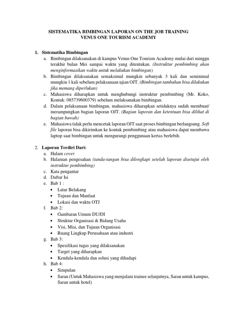 Sistematika Bimbingan Laporan On The Job Training | PDF