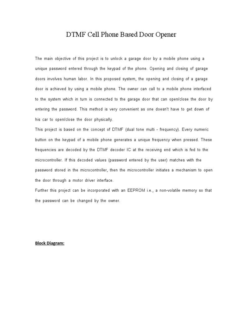 DTMF Cell Phone Based Door Opener: Block Diagram | PDF