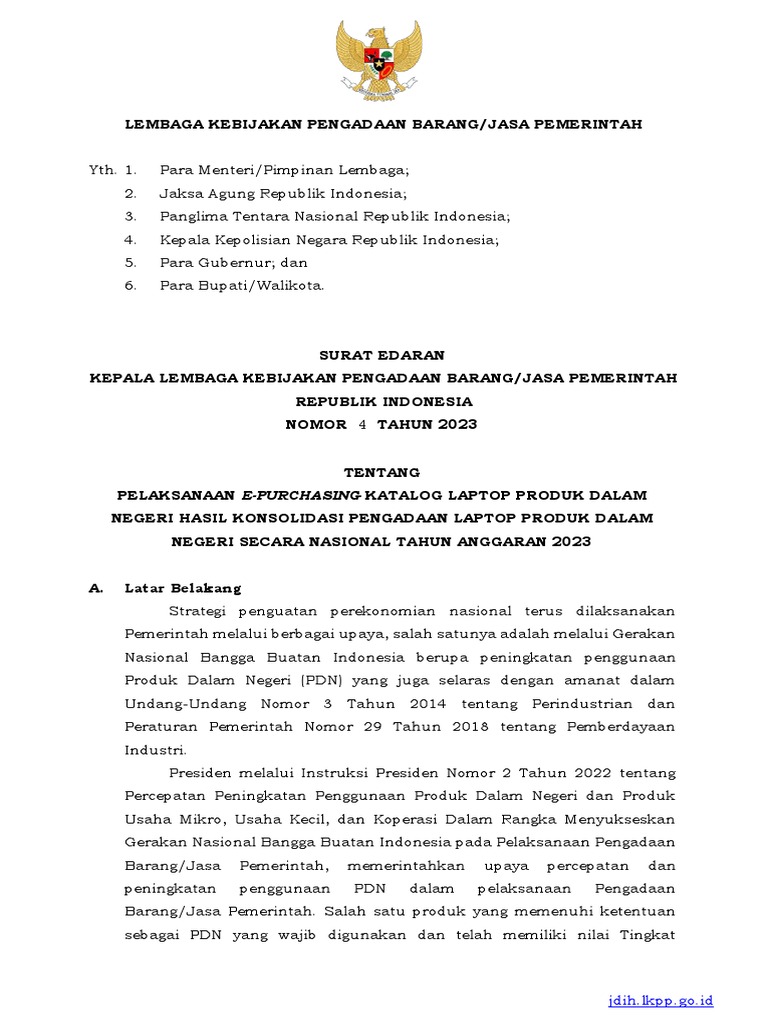 Surat Edaran Kepala LKPP Nomor 4 Tahun 2023 - 2259 - 1 | PDF
