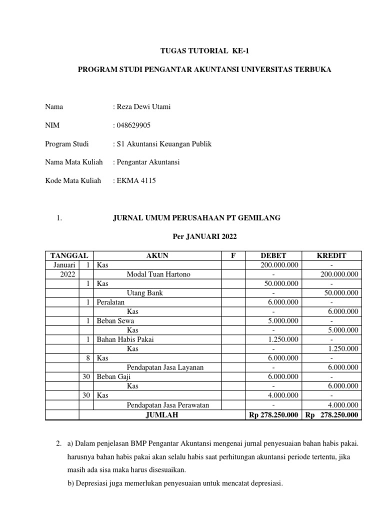 TUGAS 1 PENGANTAR AKUNTANSI EKMA 4115 | PDF