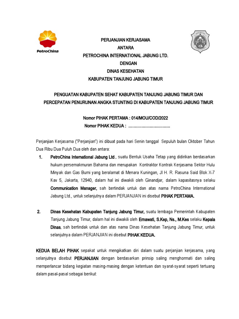 Draft PKS - Dinkes TJT - CSR PETRO | PDF