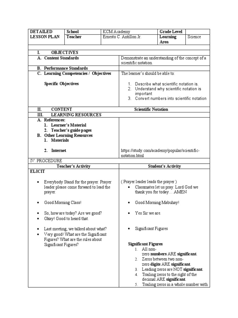 Lesson Plan Scientific Notation | PDF