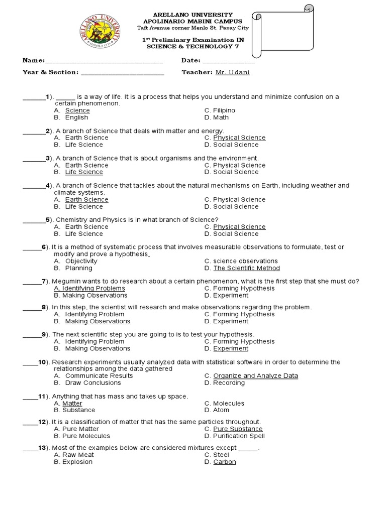 1st Grading Prelim Exam Science 7 2022 | PDF | Mixture | Science