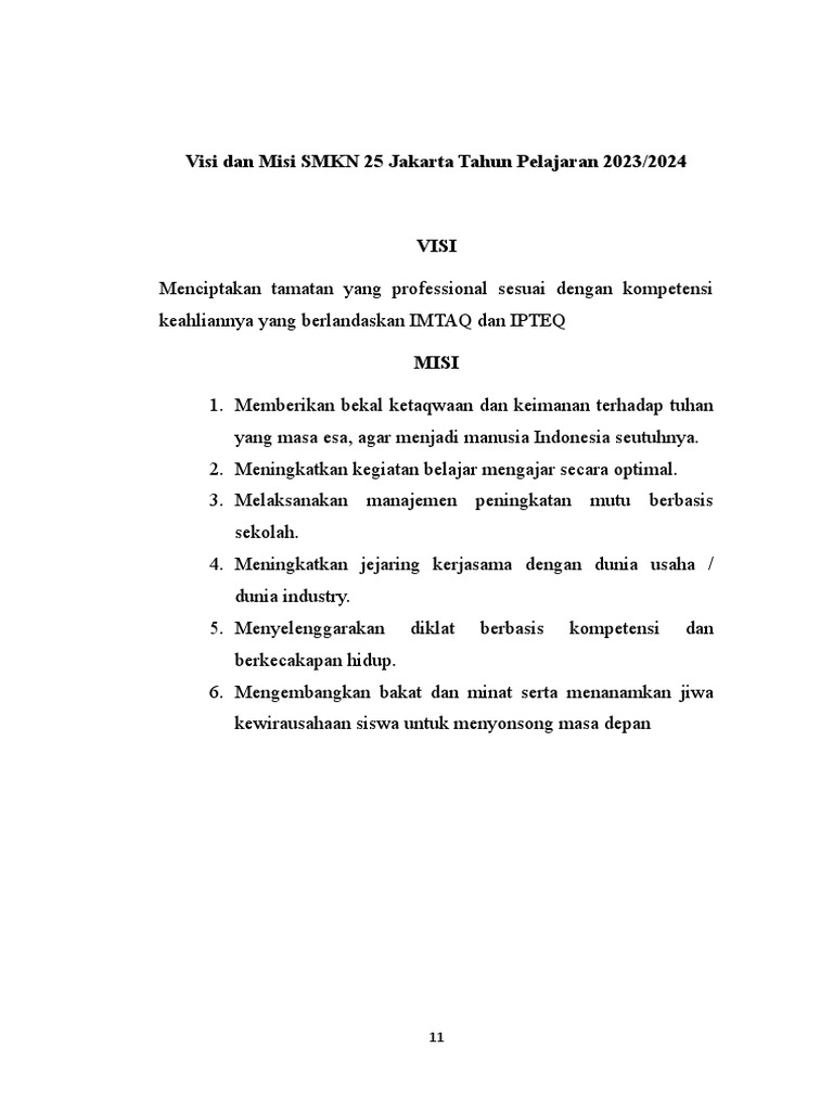 Visi dan Misi SMKN 25 Jakarta 2023/2024 | PDF