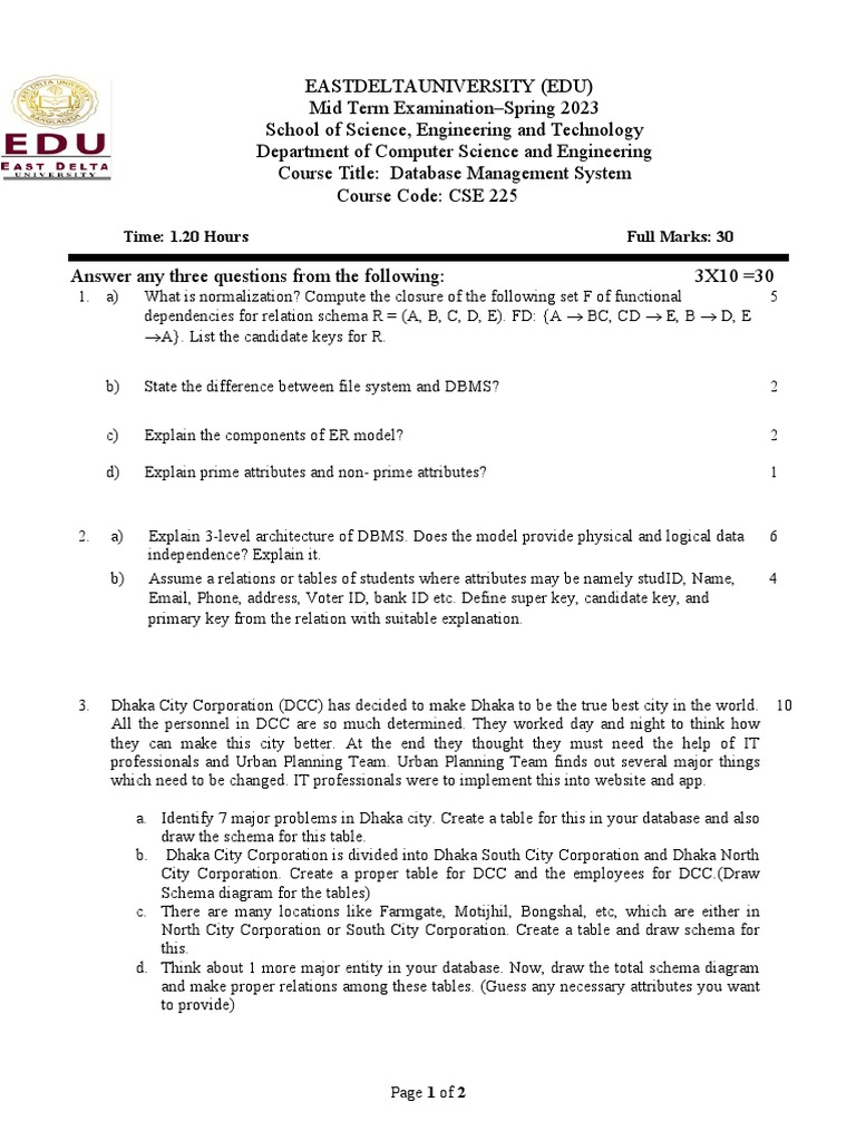 DBMS Question | PDF | Databases | Computer Data
