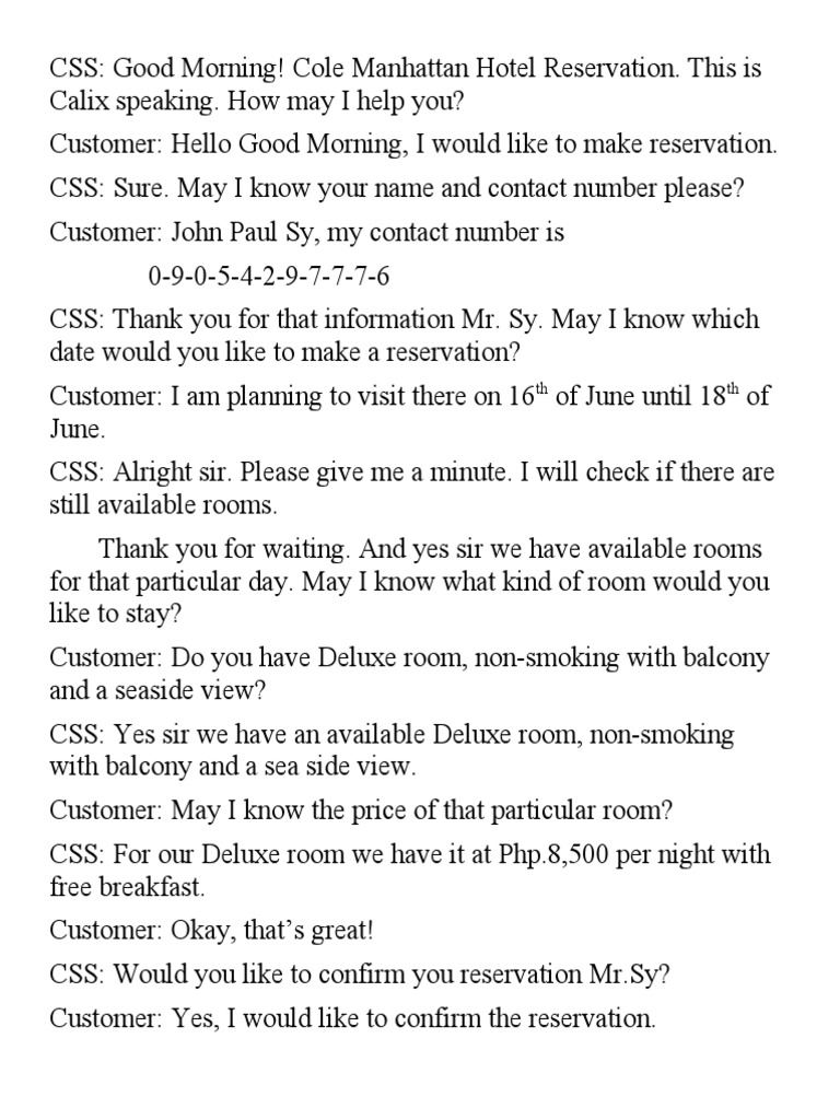 Script For Hotel Reservation | PDF