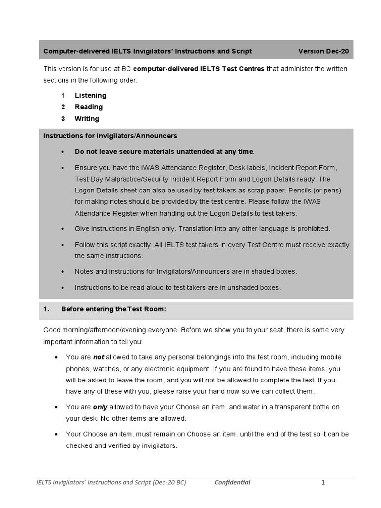 Invigilation Script CD IELTS Mar21 - BC | PDF