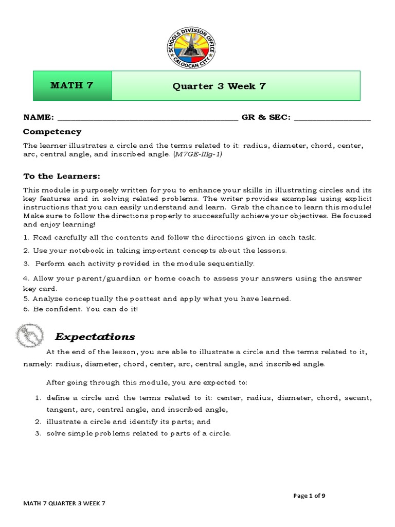 Math 7 Q3 Week 7 | PDF | Circle | Angle