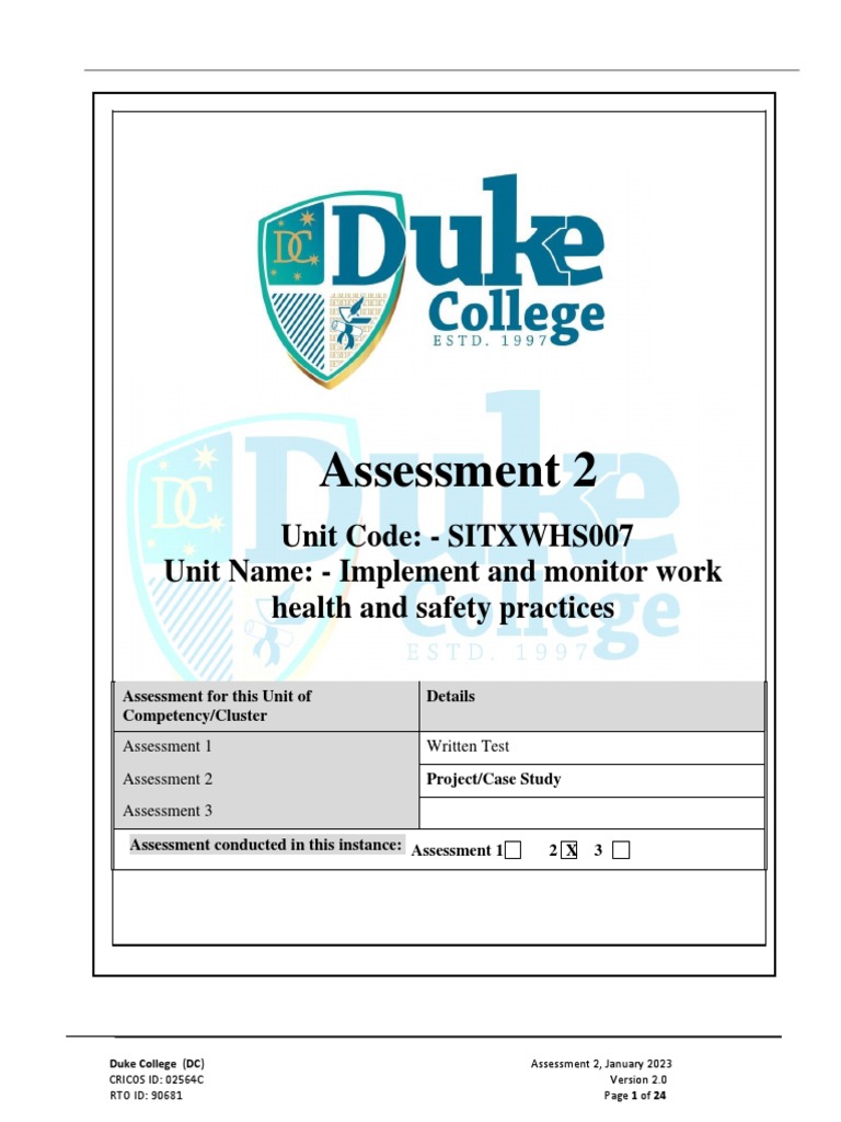 SITXWHS007 - A2 Case Study | PDF